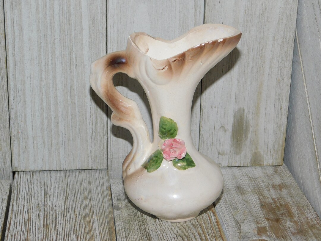 Vintage White, Brown Pitcher W Pink Rose, Vintage Pitcher, Vintage Home ...