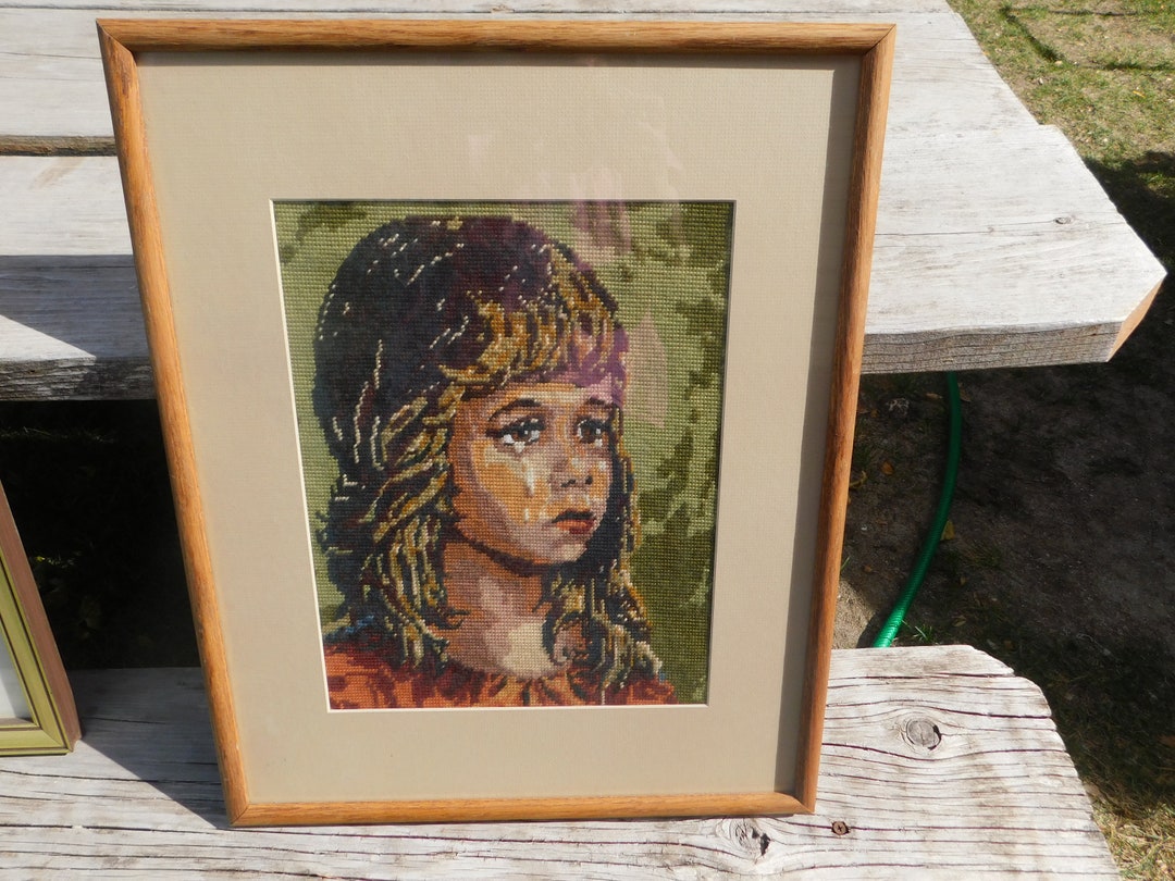 Needle Work of Sweet Crying Girl, Vint Child Needle Work, Vintage ...