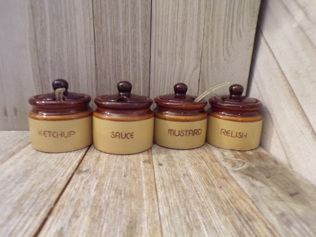 4 Crock Type Condiment Brown Wear, Stone Wear Crocks Brown Ware Vtg ...
