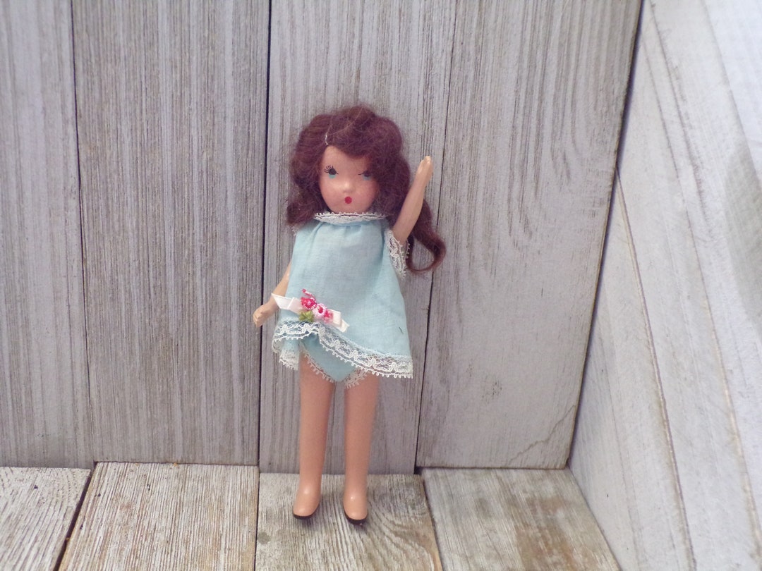 K & M Girl Doll, Vintage Small Doll, Doll With Brown Hair, Doll in Blue ...