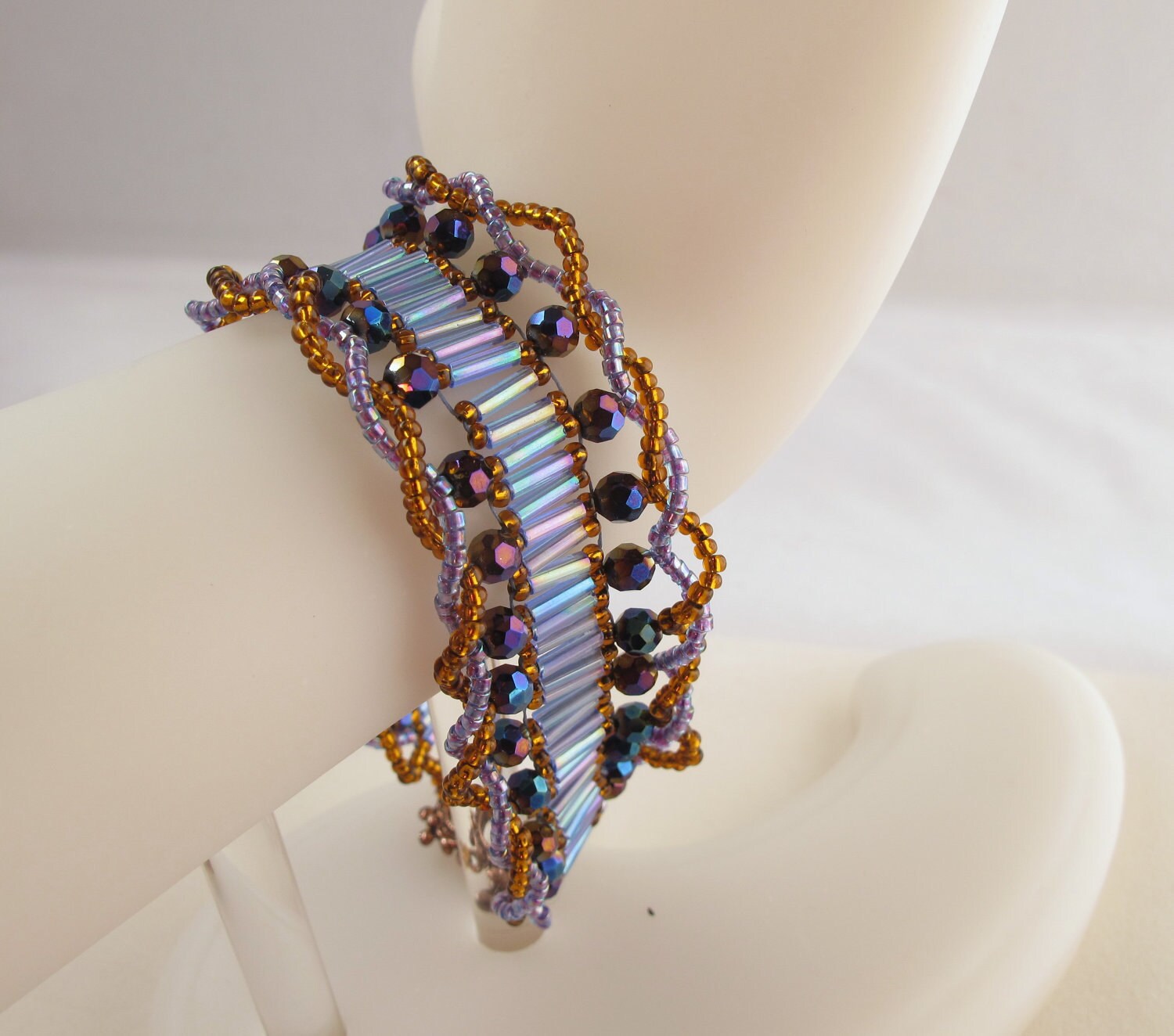 Blue and Gold Bugle Bead Band With Twisted Ruffled Edges - Etsy