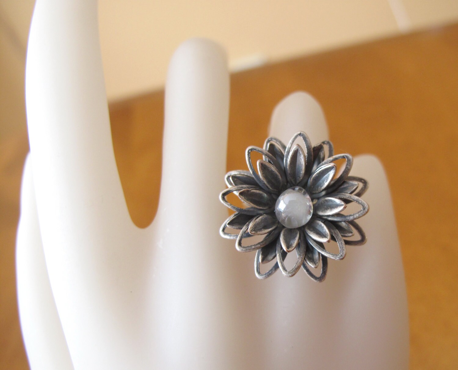 Antique Silver Flower Ring on Wire Wrapped Base - Etsy
