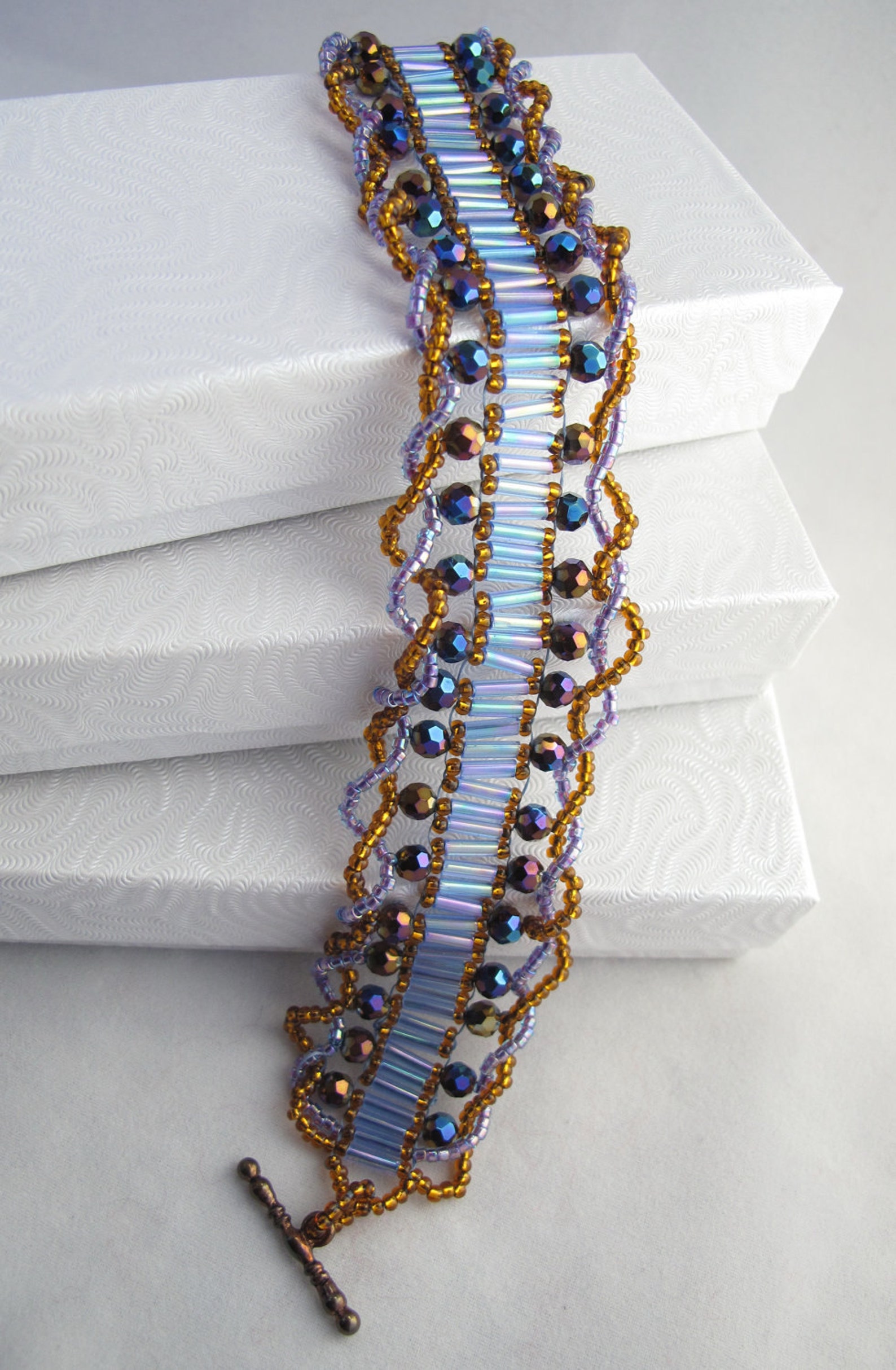 Blue and Gold Bugle Bead Band With Twisted Ruffled Edges - Etsy