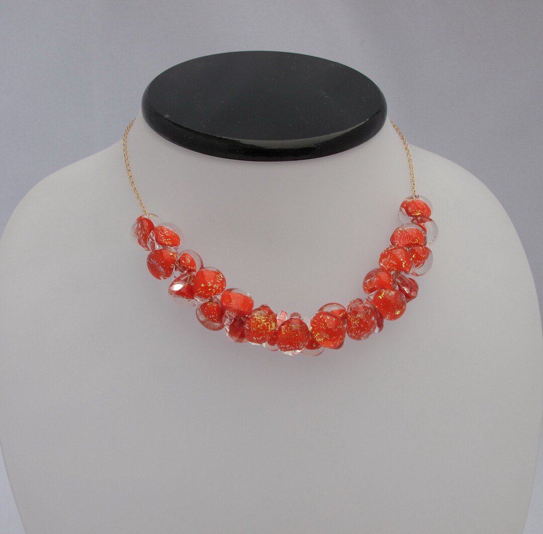 Red Bumpy Beads teardrops With Gold Flecks on Gold Woven Wire Chain - Etsy