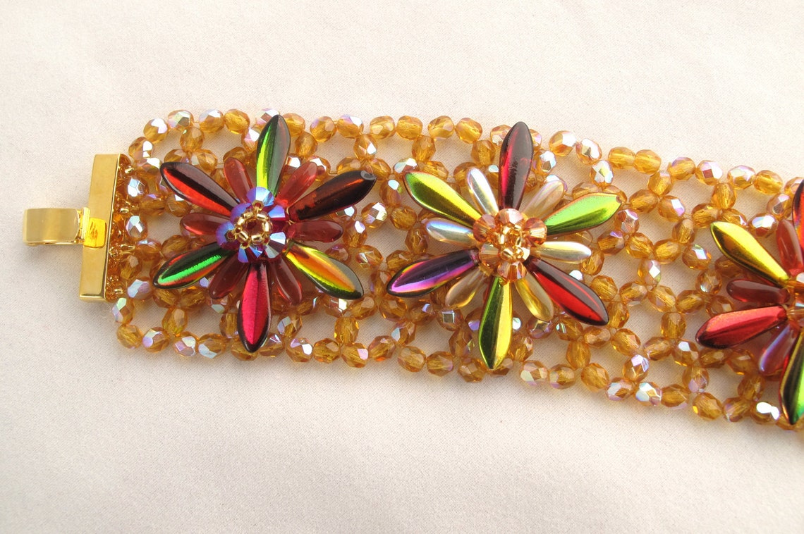 Red Dagger Bead Flowers on Honey Lace Cuff Bracelet - Etsy