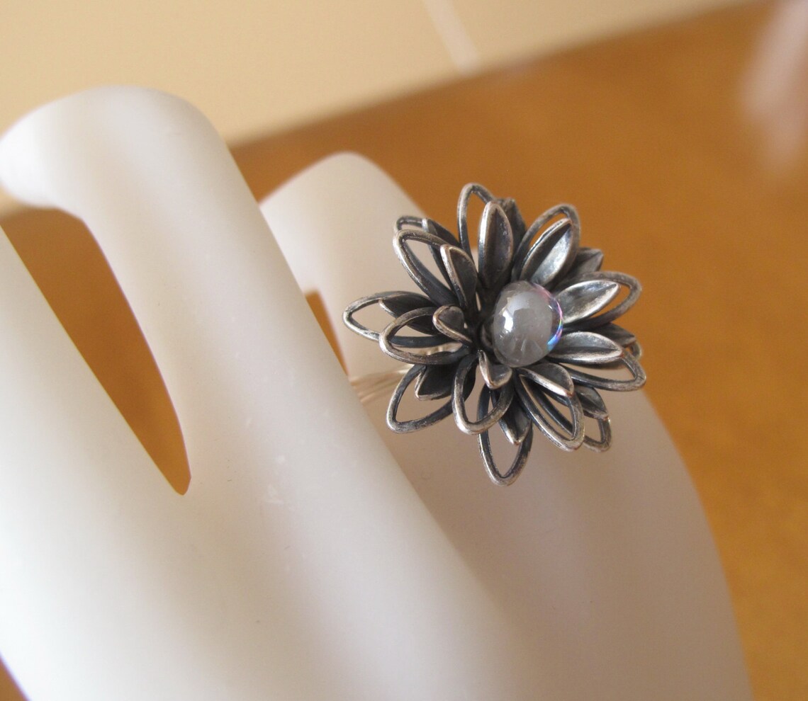 Antique Silver Flower Ring on Wire Wrapped Base - Etsy
