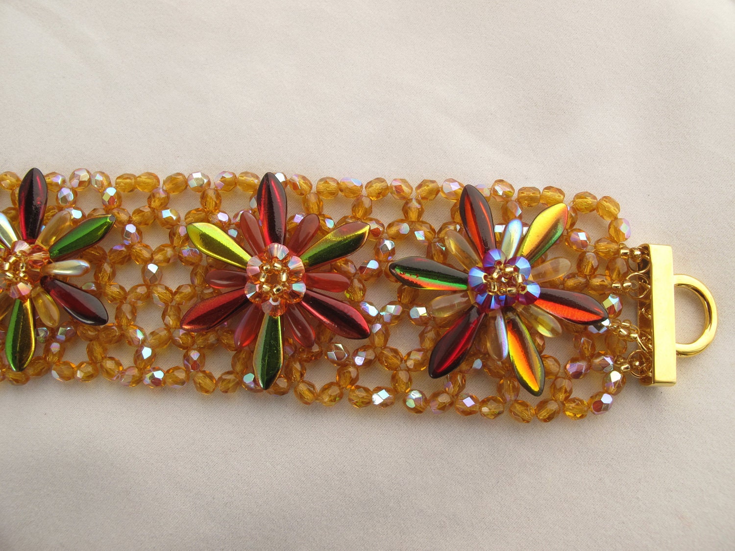 Red Dagger Bead Flowers on Honey Lace Cuff Bracelet - Etsy