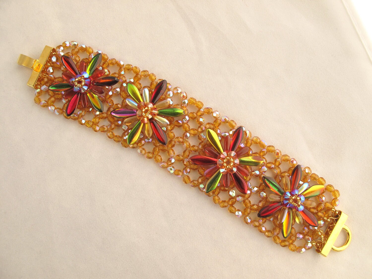 Red Dagger Bead Flowers on Honey Lace Cuff Bracelet - Etsy