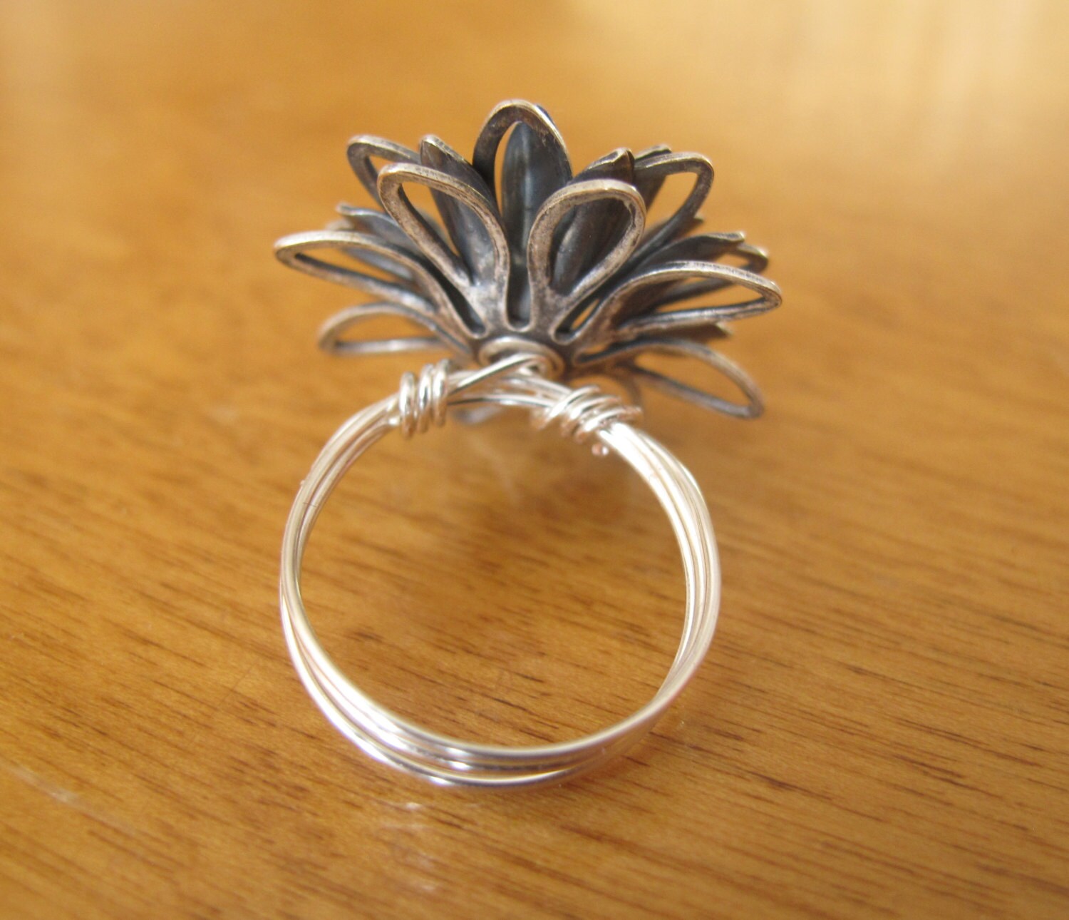 Antique Silver Flower Ring on Wire Wrapped Base - Etsy