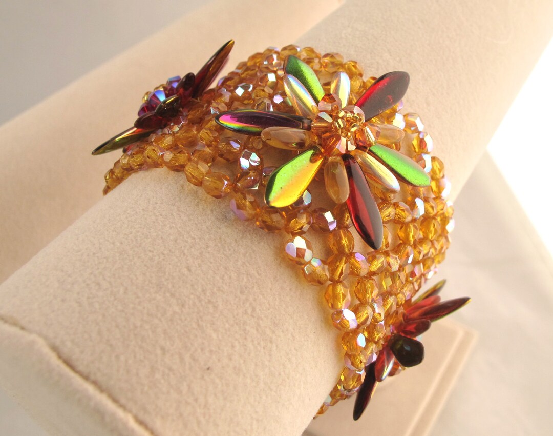 Red Dagger Bead Flowers on Honey Lace Cuff Bracelet - Etsy