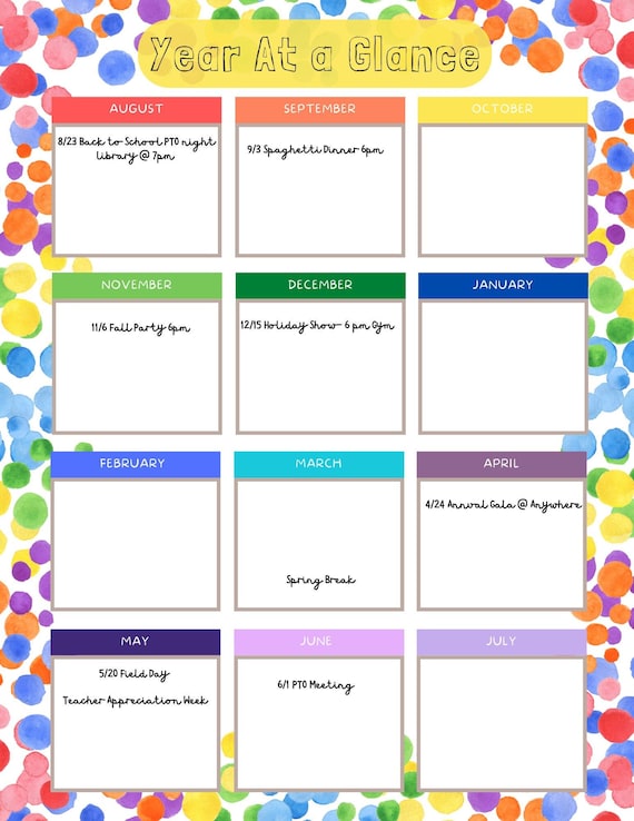 Editable Instant Download Year at a Glance School Year at a - Etsy