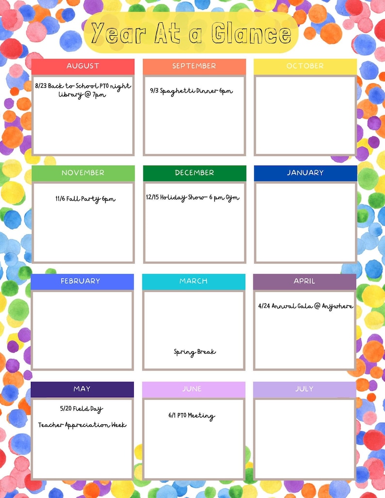 Editable Instant Download Year at a Glance, School Year at a Glance ...