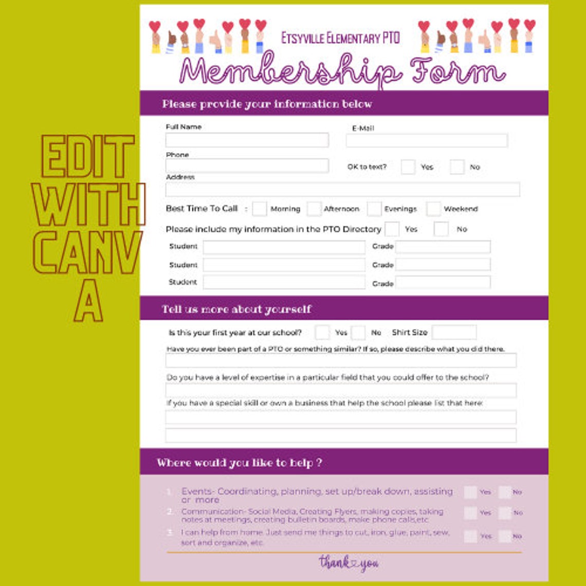 PTO PTA Membership Form- Editable Digital Download - Etsy