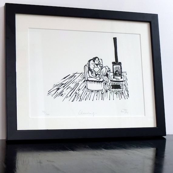 Glowing Lino Cut Handmade Print Fireside Original Print | Etsy