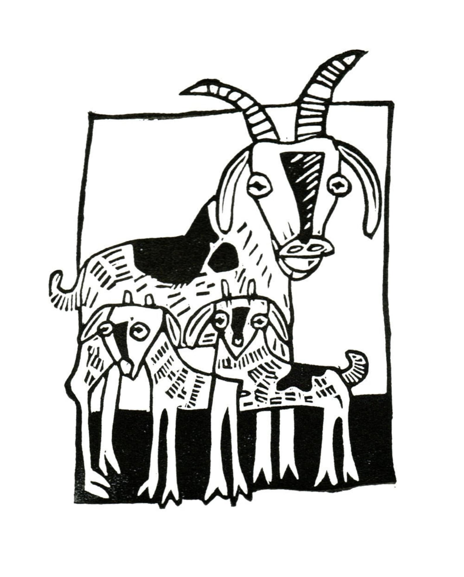 Nanny Goat and Kids - Original Lino Print - Etsy