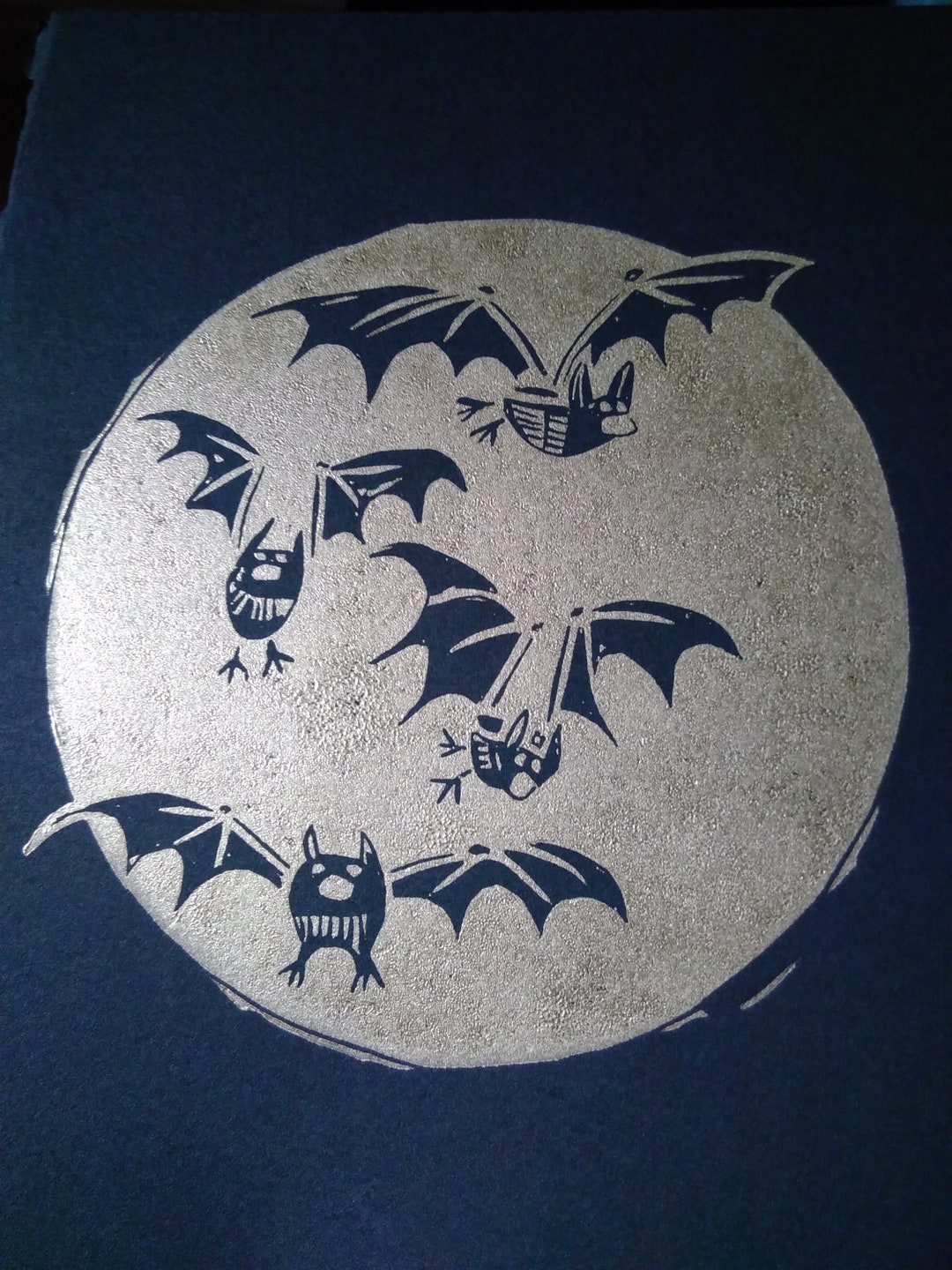 Gold Bat Moon - Lino Cut Print - Etsy