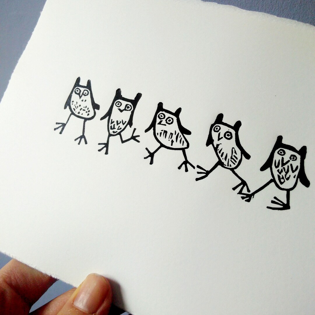 Owl Race - Lino Cut Print - Etsy