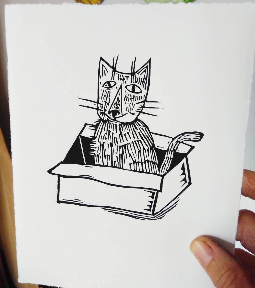 Cat in a Box - Lino Cut Print - Etsy