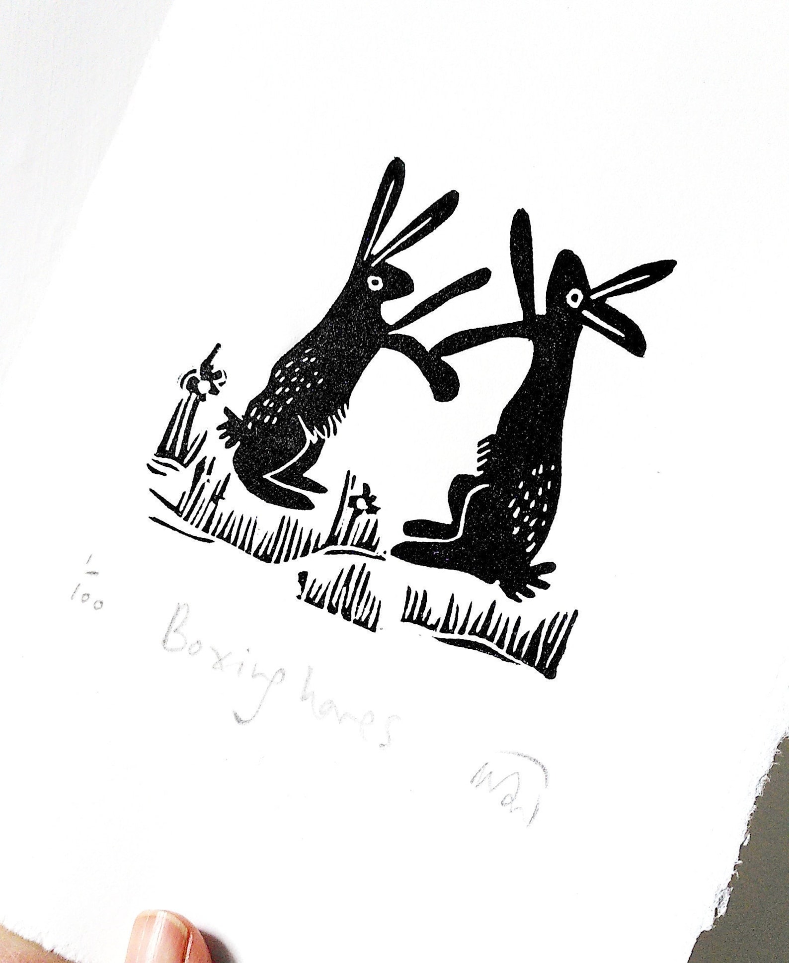 Boxing Hares - Lino Cut Print - Etsy
