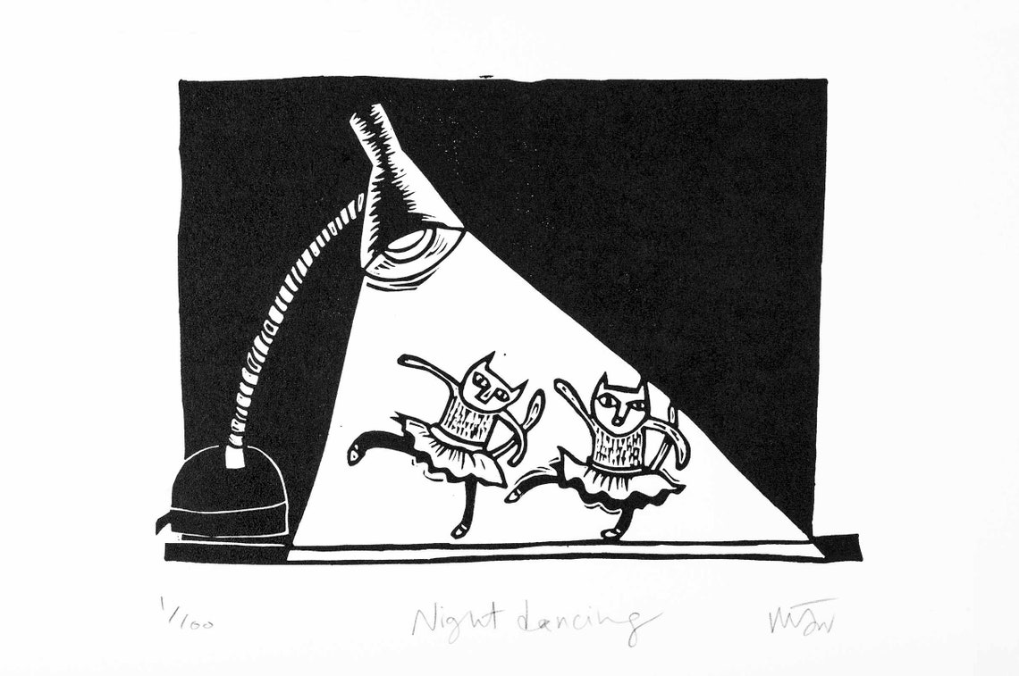 Night Dancing Lino Print of Cats Cat Art Ballet - Etsy