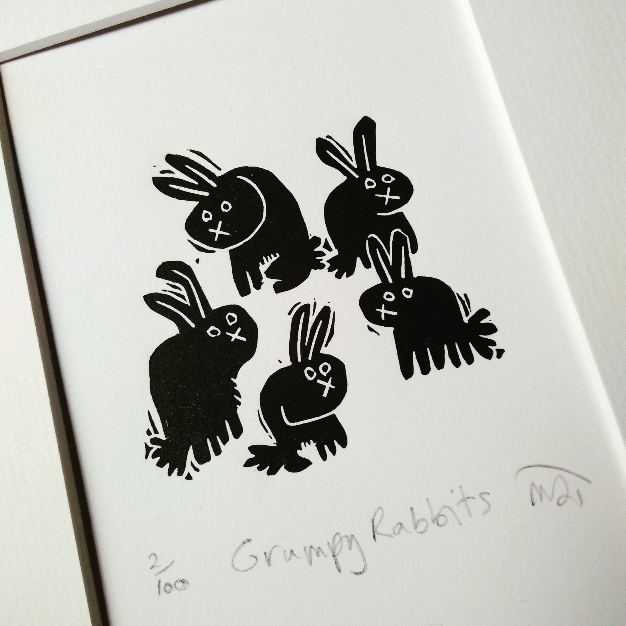 Grumpy Rabbits Lino Cut Print Donation to Fareshare With - Etsy UK