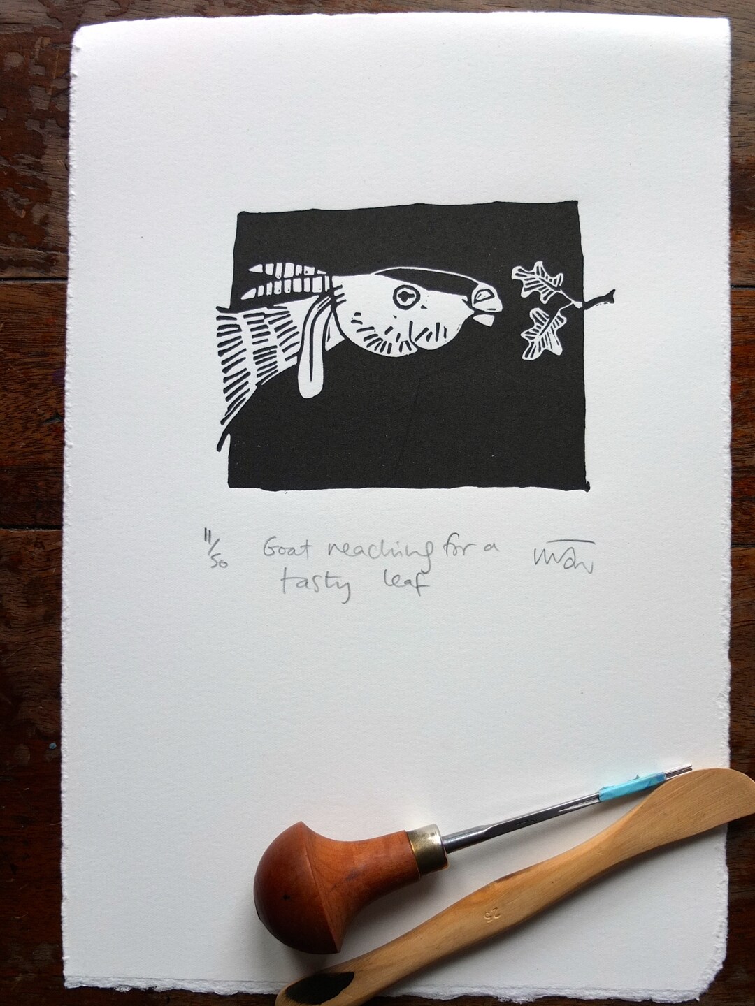 Lino Print - Goat Reaching for a Tasty Leaf - Lino, Lino Cut, Hand ...