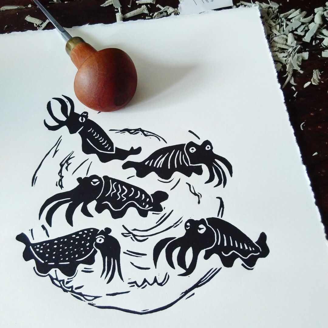 A Scuttle of Cuttlefish - Lino Cut Print - Etsy