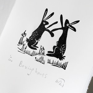 Boxing Hares - Lino Cut Print - Etsy