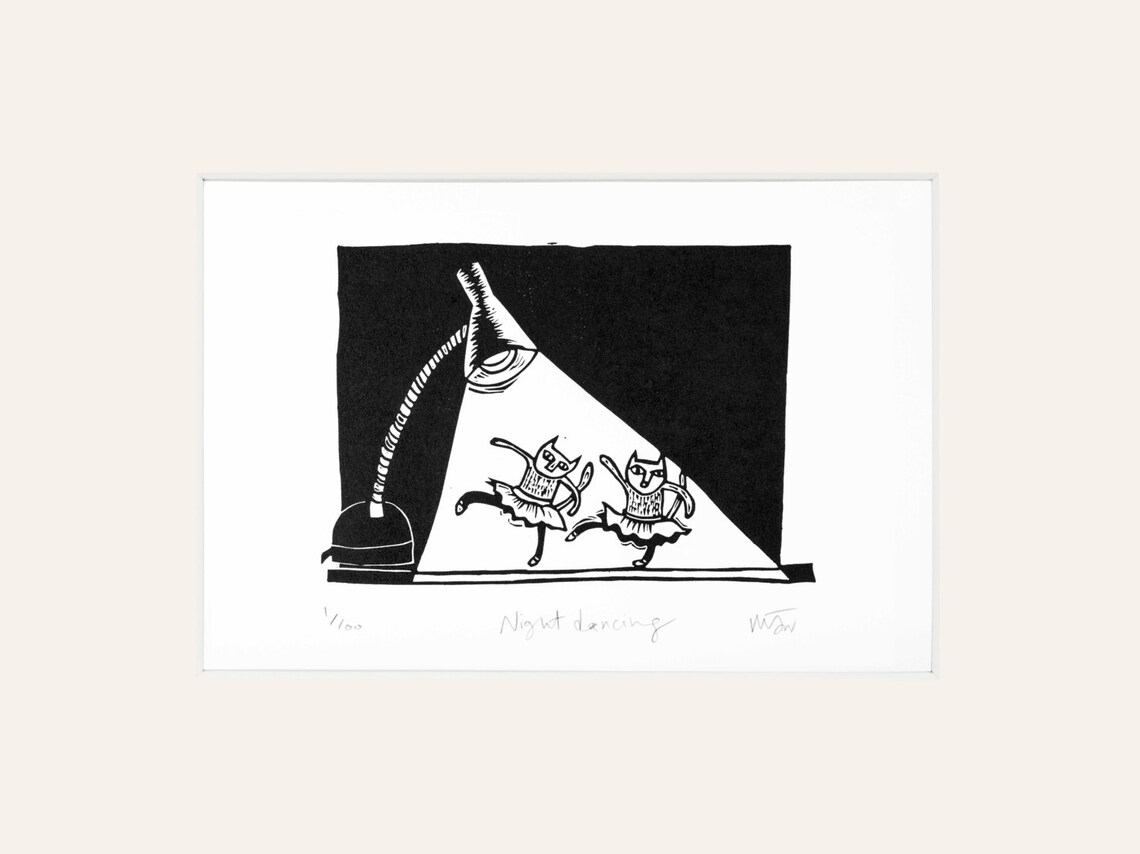 Night Dancing - Lino Print of Cats, Cat Art, Ballet, Illustration ...
