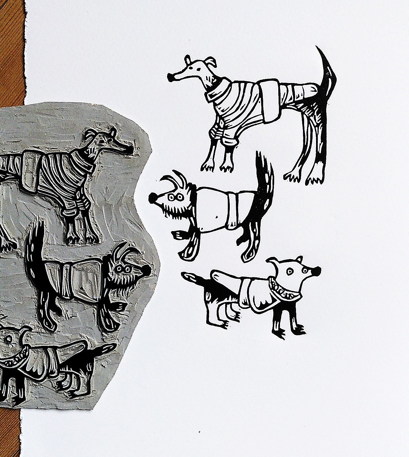 Dogs in Coats - Lino Print - Etsy