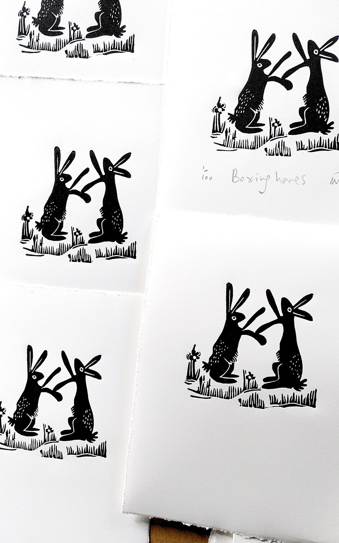 Boxing Hares Lino Cut Print | Etsy