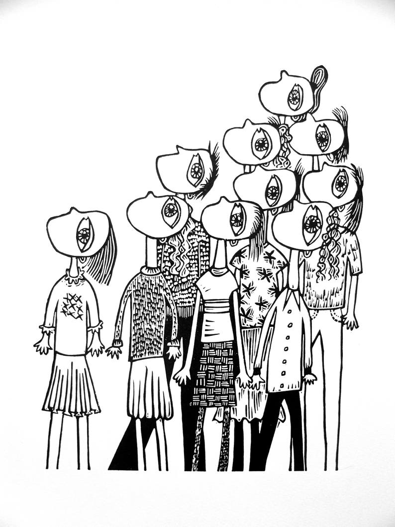 Looking up Handmade Original Lino Print People Black and - Etsy