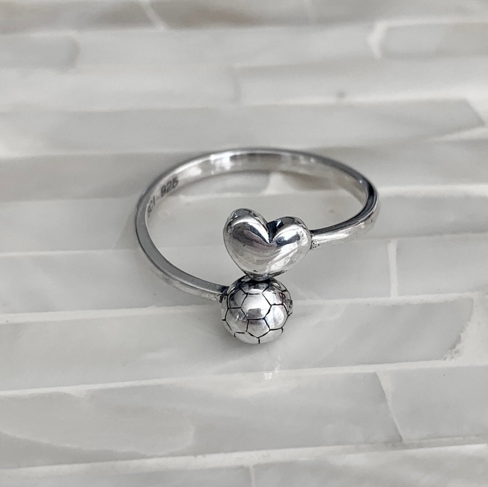 Sterling Silver Soccer Ring - Adjustable Band With Heart & Ball - Etsy