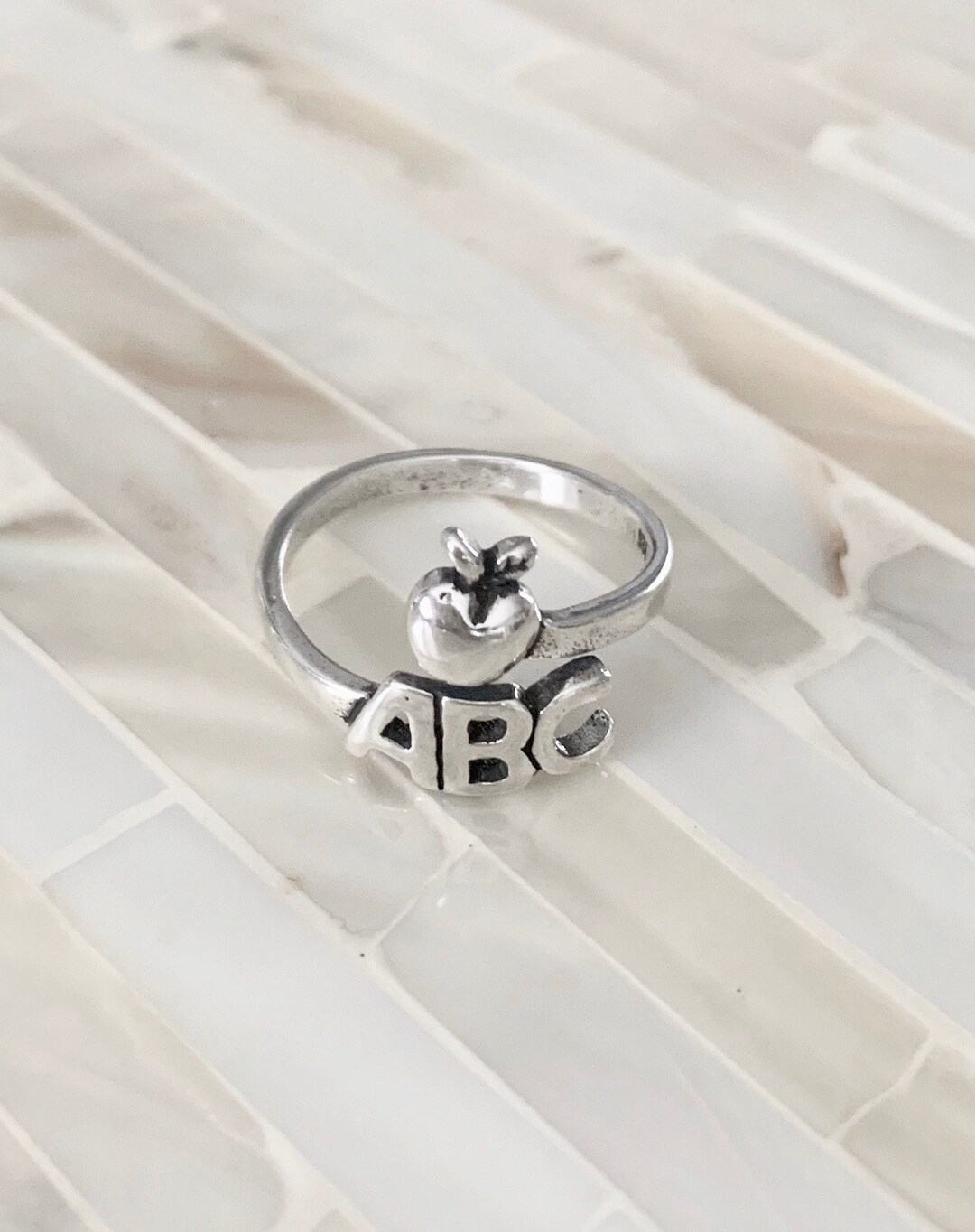 Sterling Silver Teacher Ring – ABC Apple, Adjustable Band - Etsy