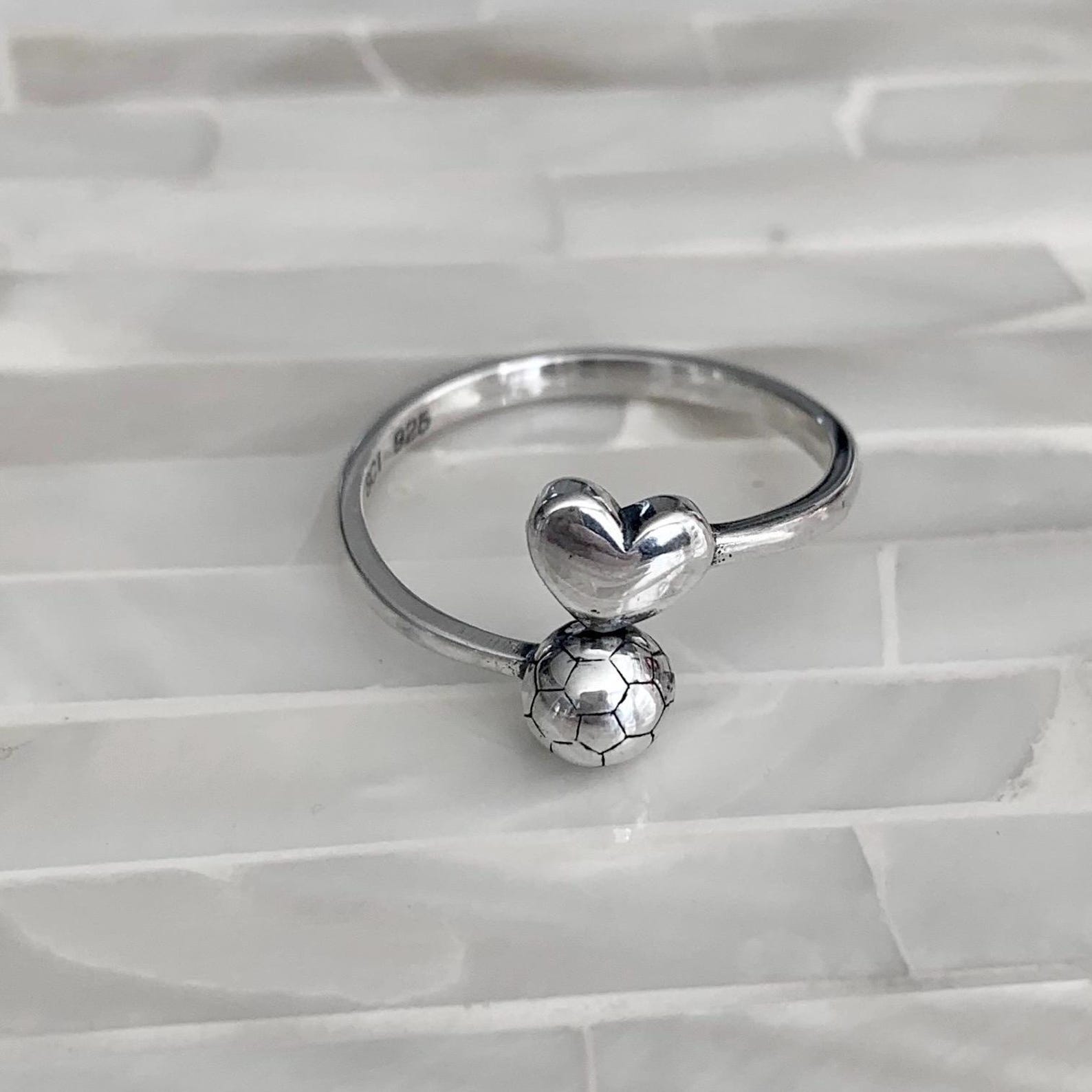 Sterling Silver Soccer Ring - Adjustable Band With Heart & Ball - Etsy