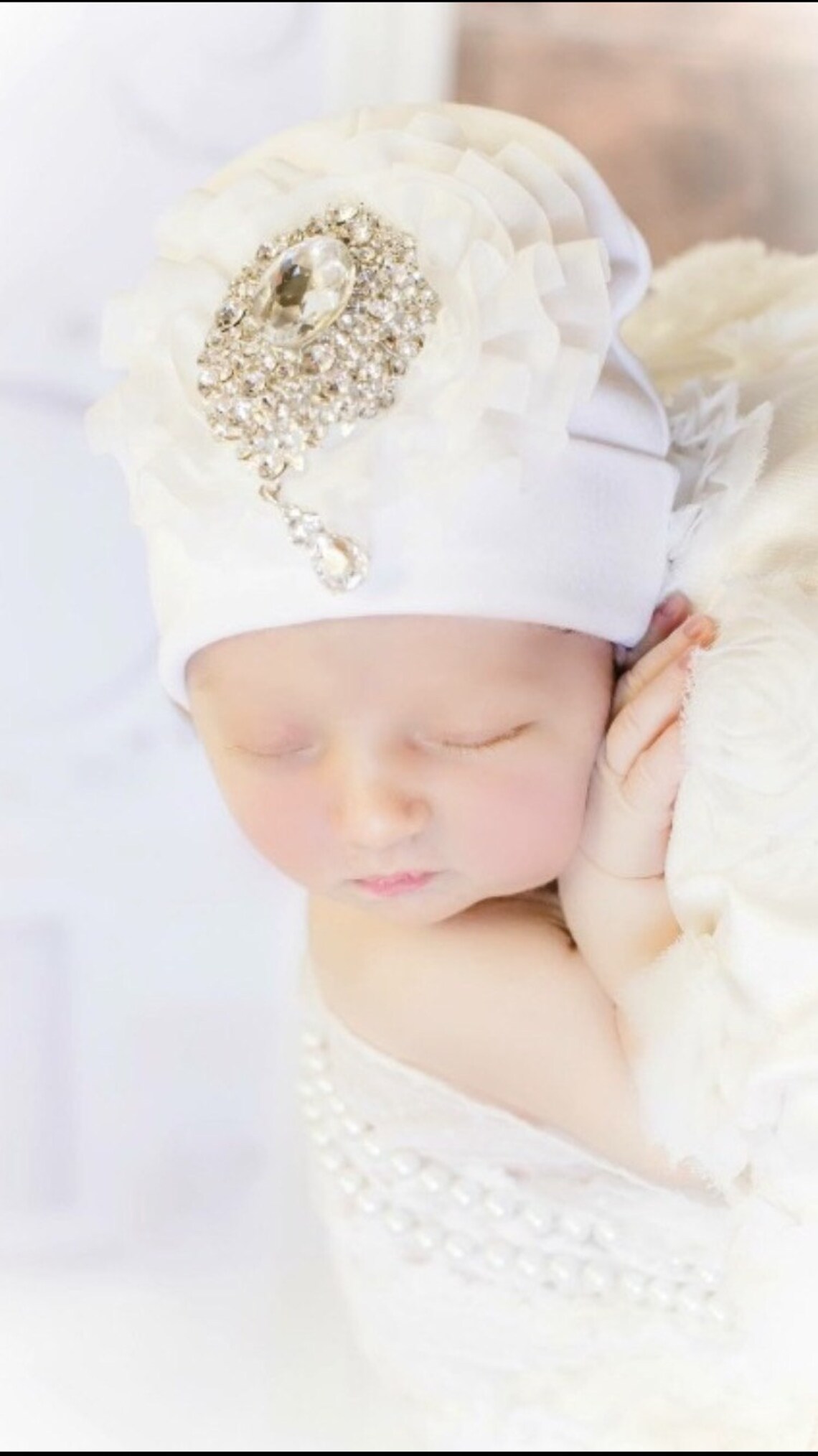 White Infant Baby Girl Beanie Hat With off White Chiffon and Large ...