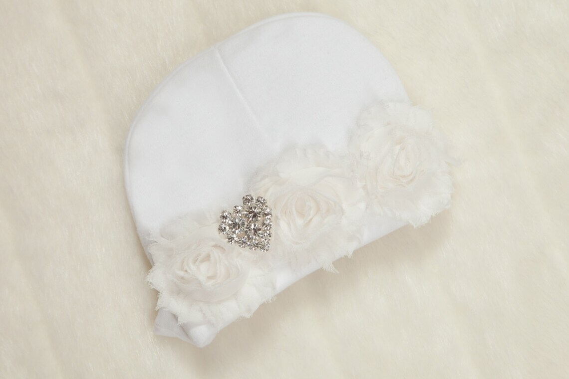 White Infant Baby Girl Beanie Hat With Chiffon and Rhinestone Heart - Etsy