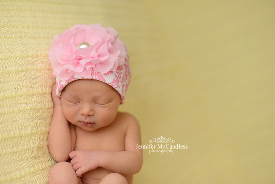 Pink Damask Infant Baby Girl Beanie Hat With Chiffon Flower and Pearl ...