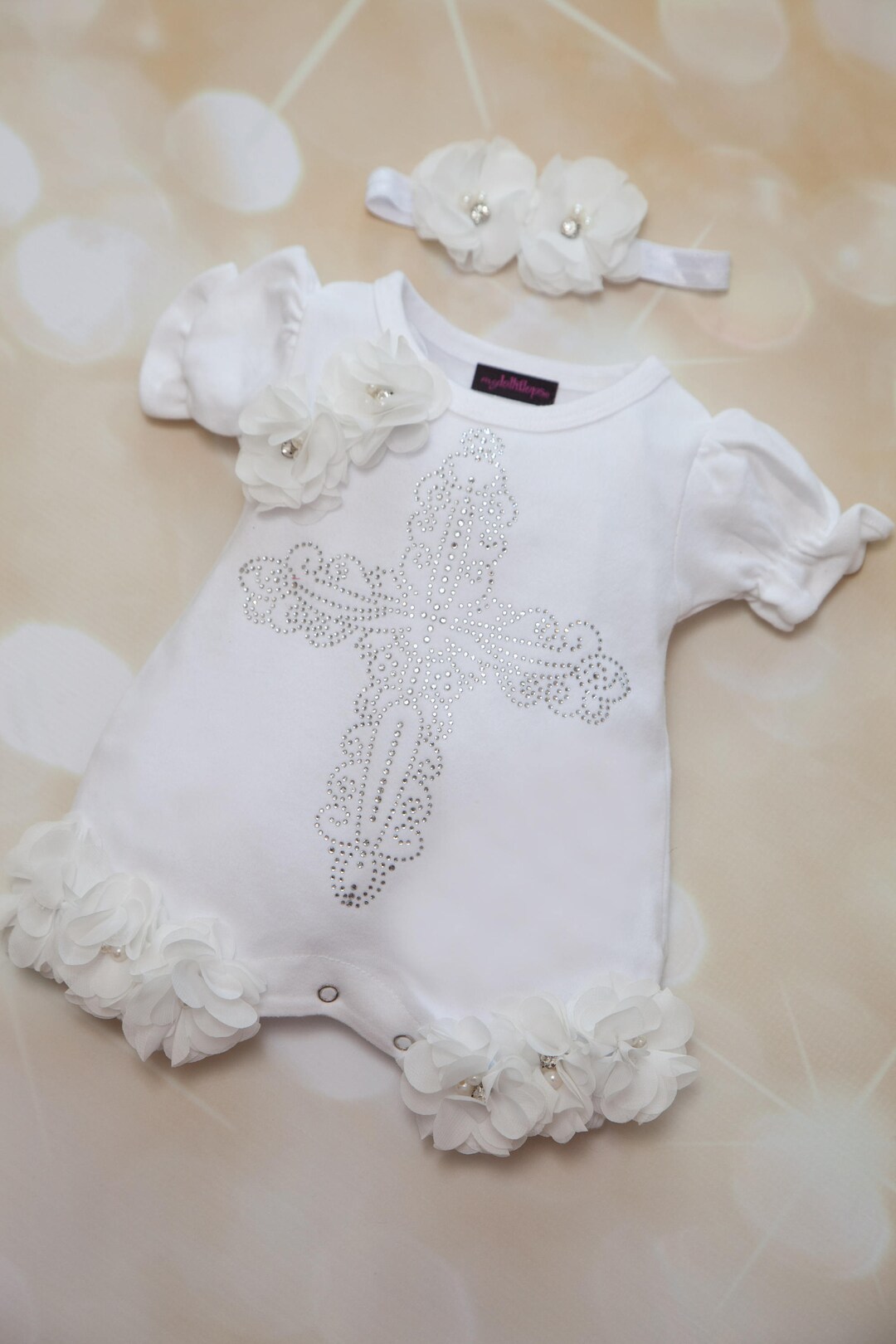 Rhinestone Cross Baby Romper With Chiffon Flowers, Headband Set - Etsy