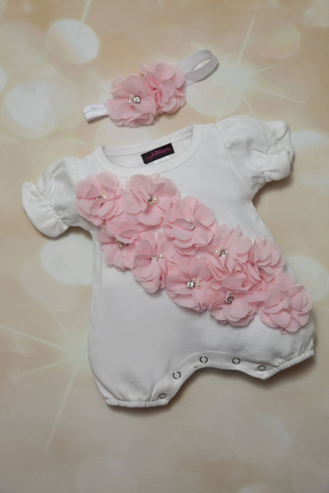 Baby Girl Romper Set: White One Piece With Chiffon Flowers & Headband ...