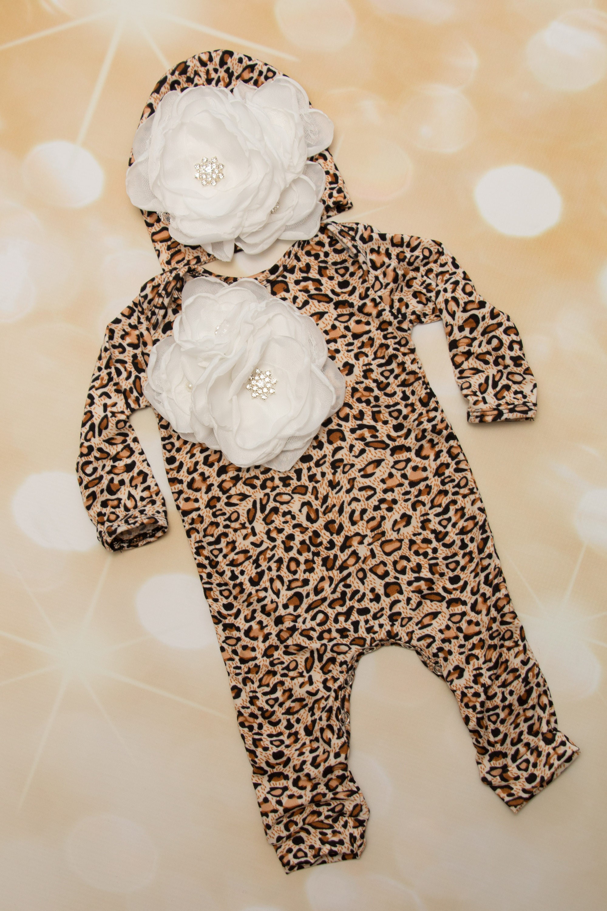 Infant Leopard Layette Cotton Baby Romper with Large Flower On | Etsy