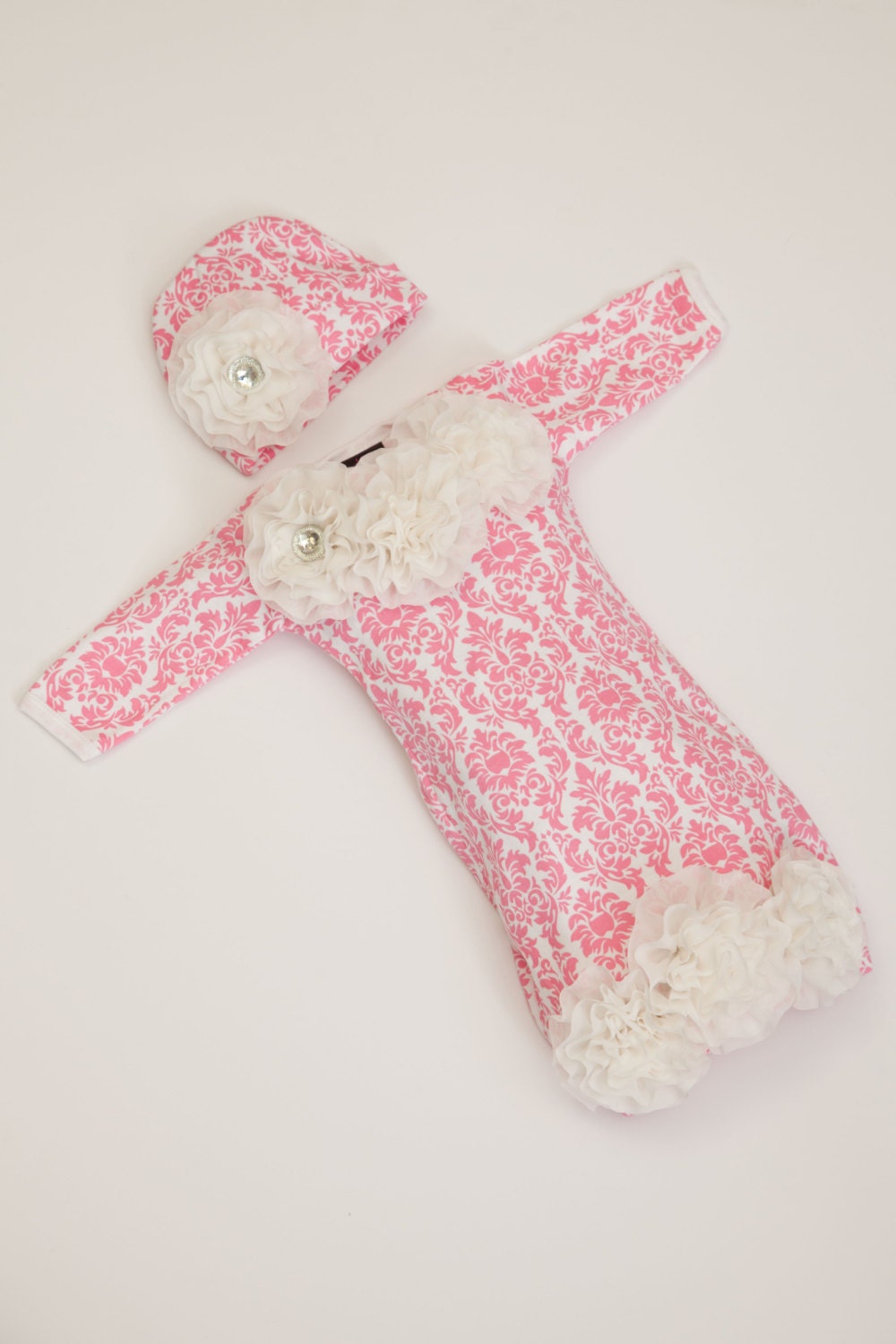 Pink Damask Infant Layette Cotton Baby Gown With off White | Etsy