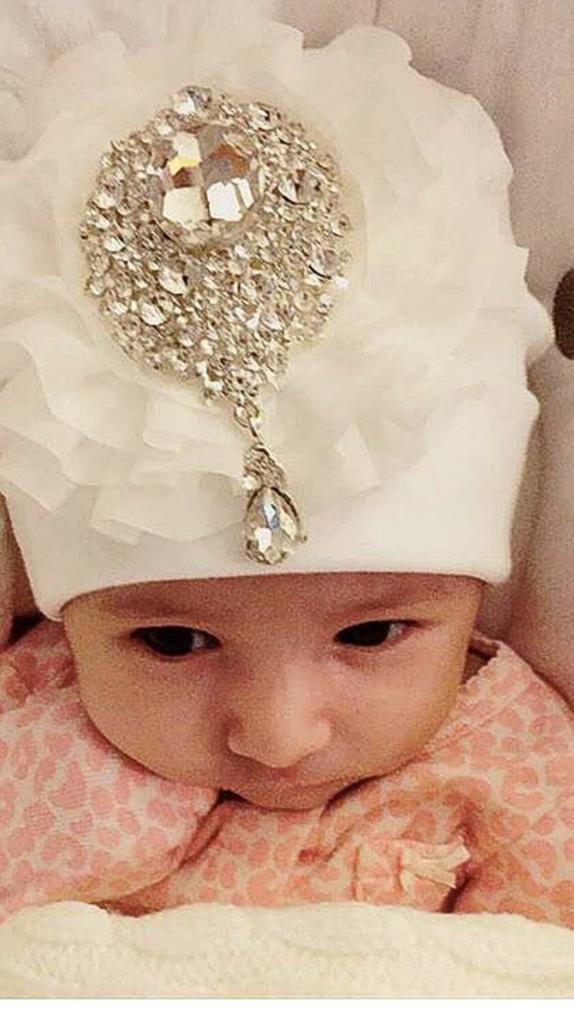 White Infant Baby Girl Beanie Hat With off White Chiffon and Large ...