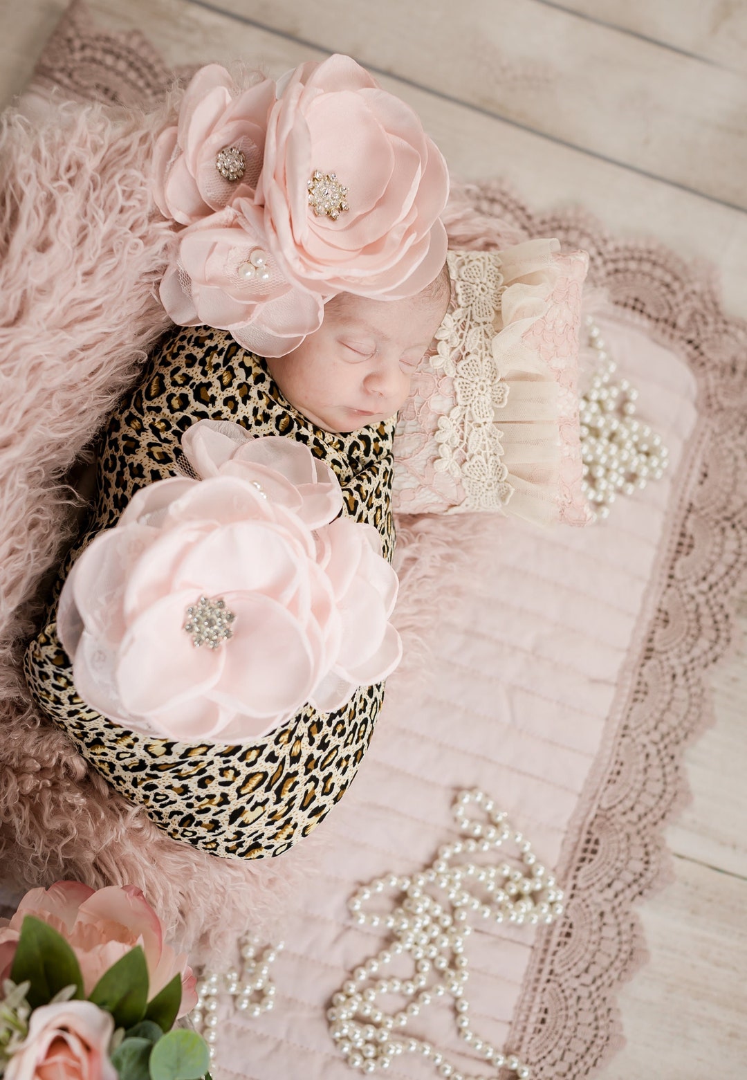 Leopard Baby Swaddle Set, Large Flower, Cotton Tie, Headband - Etsy