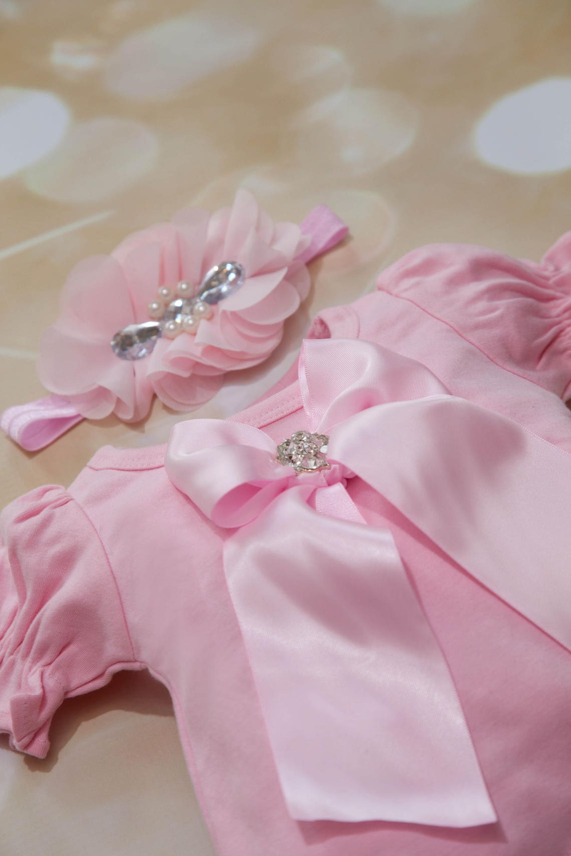 Pink Baby Girl Romper Set Infant One Piece With Large Satin | Etsy