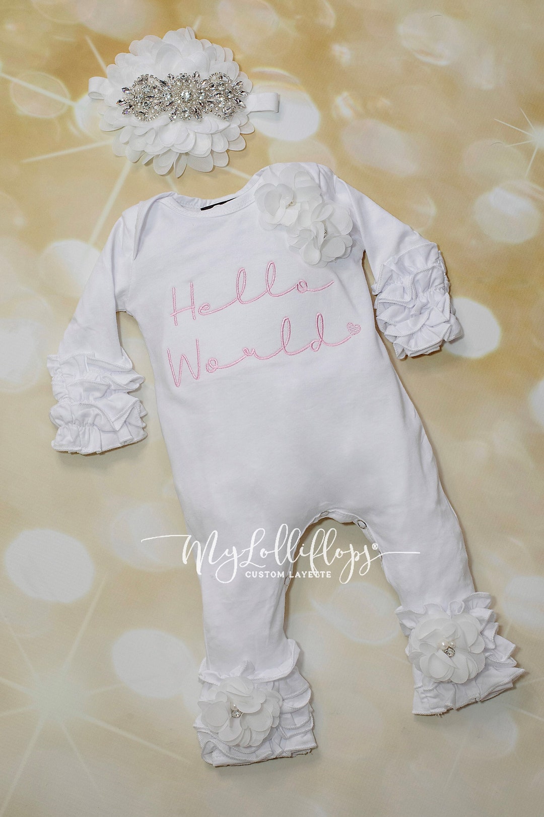 Ruffle Baby Romper With Rhinestone Headband, Hello World Embroidery - Etsy
