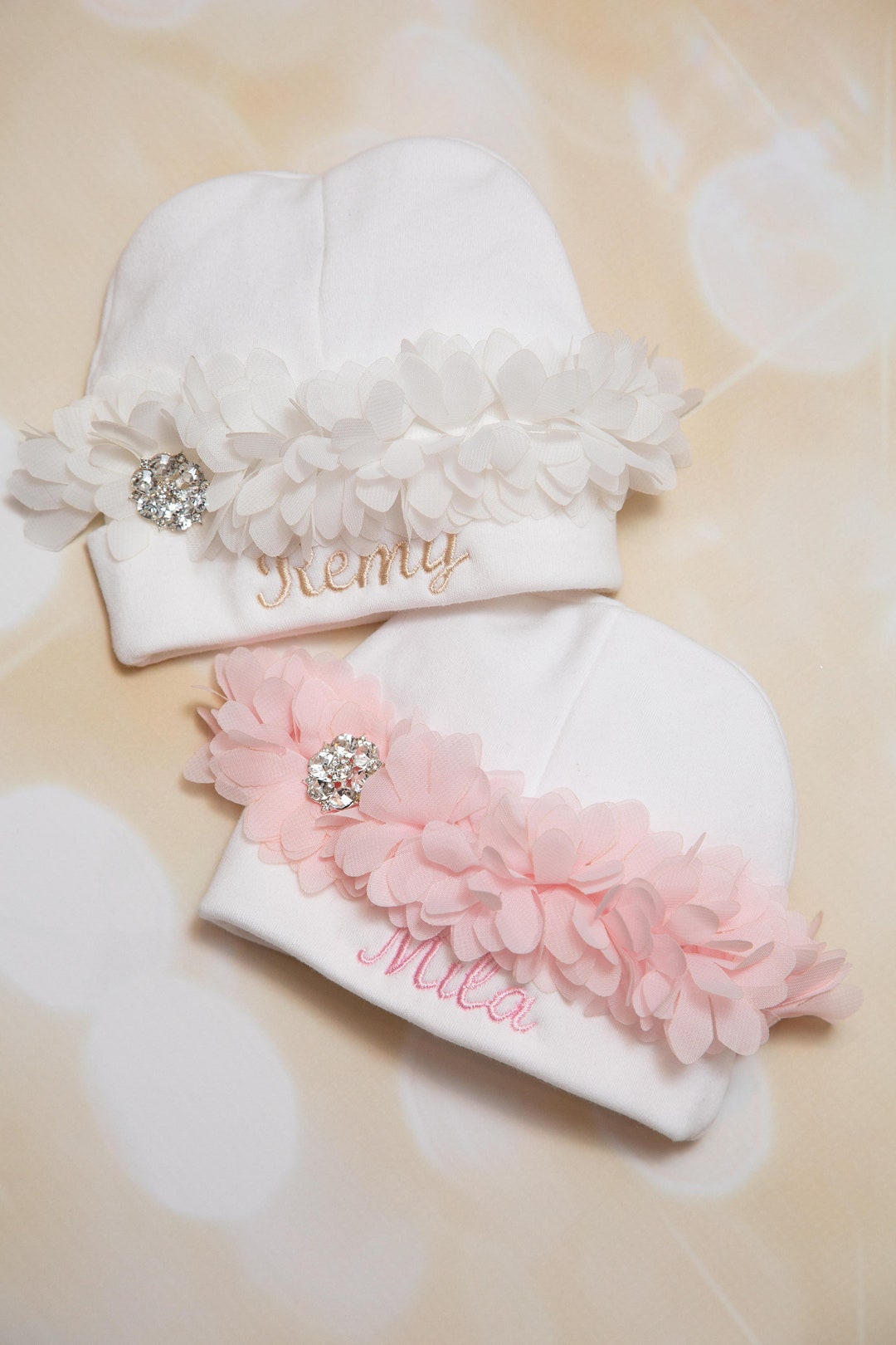 Baby Girl Personalized White Beanie Hat With Fluffy Chiffon and ...