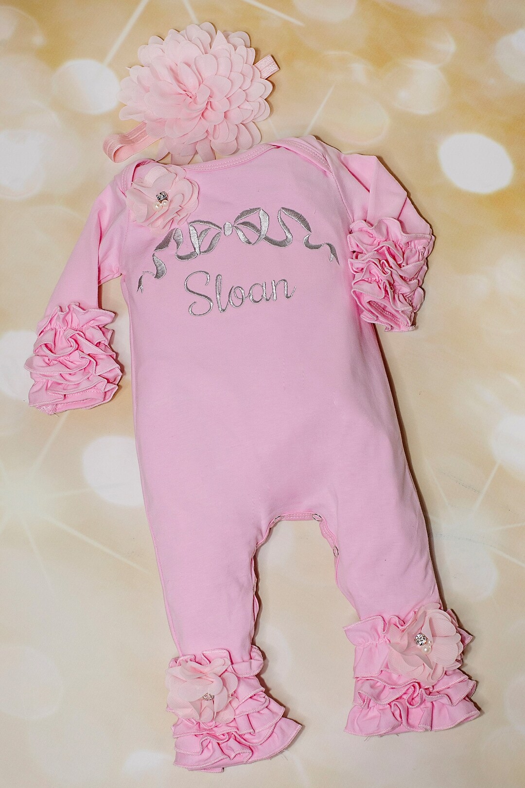 Baby Girl Pink Ruffle Personalized Romper Set Baby Girl Romper Set ...