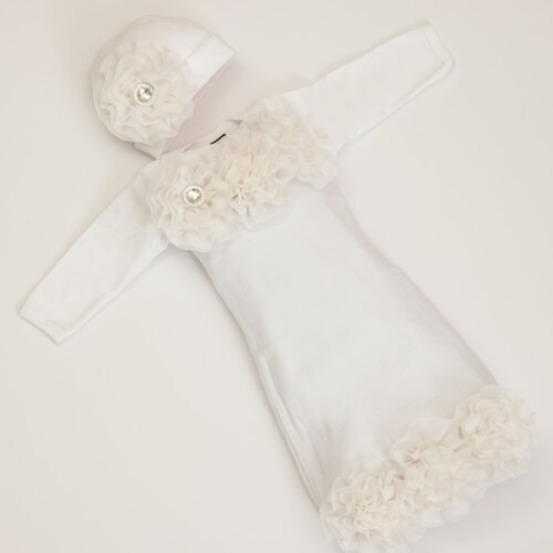 White Infant Layette White Baby Gown With Pink Chiffon Flowers - Etsy