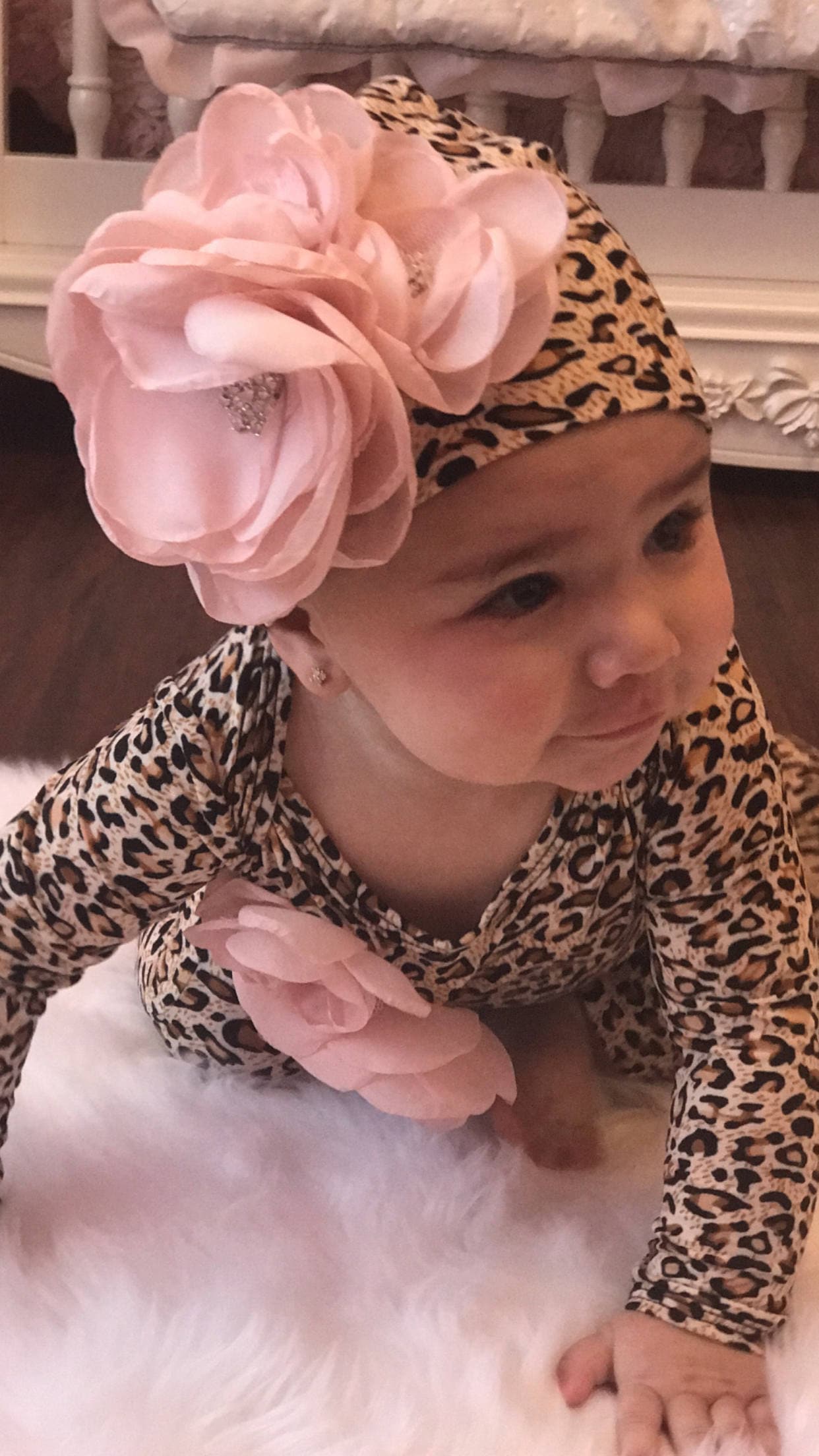 Infant Leopard Layette Cotton Baby Romper With Large Flower on the ...